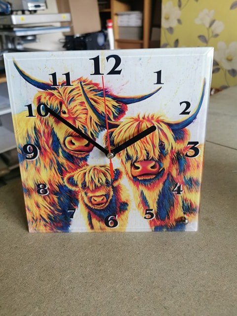 Artwork printed on to a Square glass clock (20x20cm) – artcoasterprinting